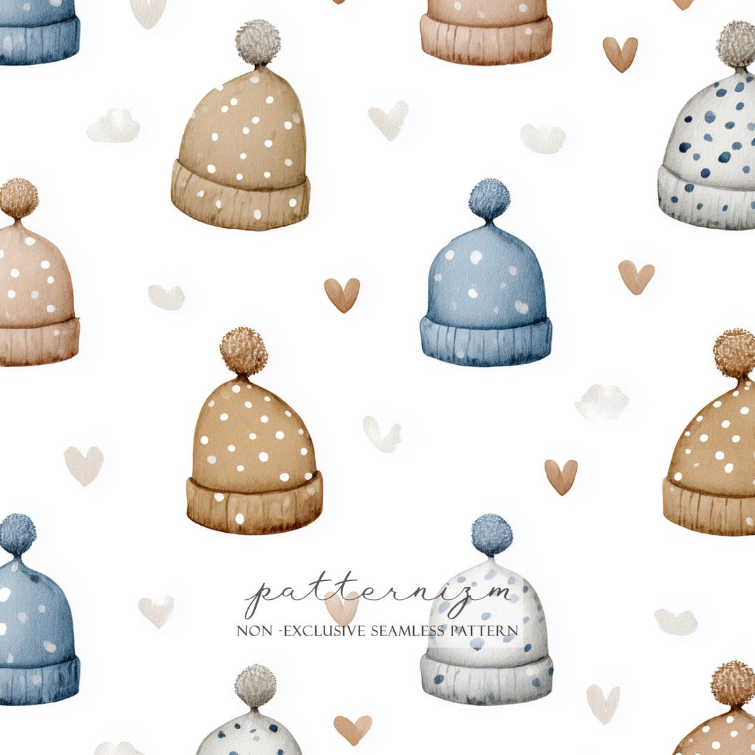 Winter Hat Seamless Pattern Digital Paper – Polka Dot Beanies & Hearts ...