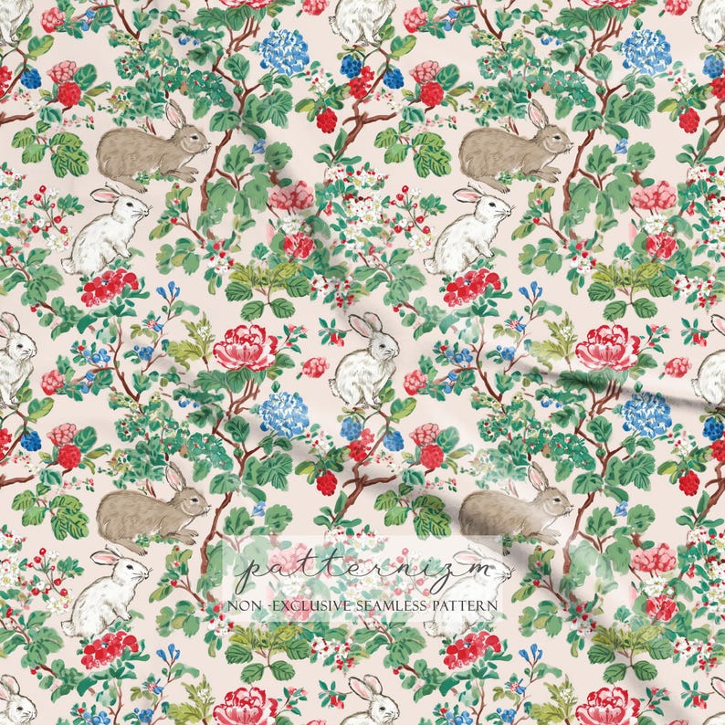 Vintage Easter Bunny Seamless Pattern, Floral Garden Rabbits ...