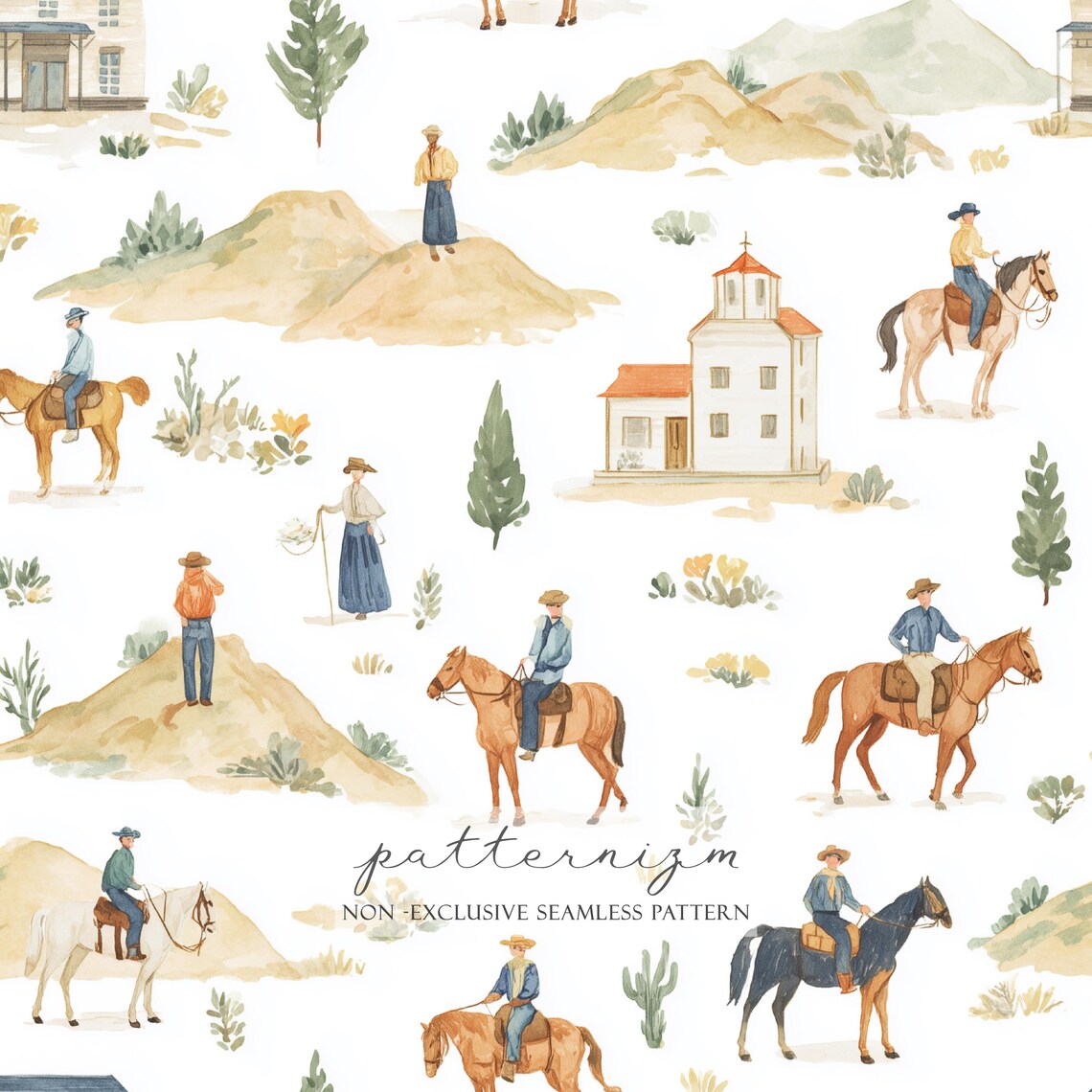 Watercolor Western Cowboy Seamless Pattern Digital Paper – Cute Ranch ...