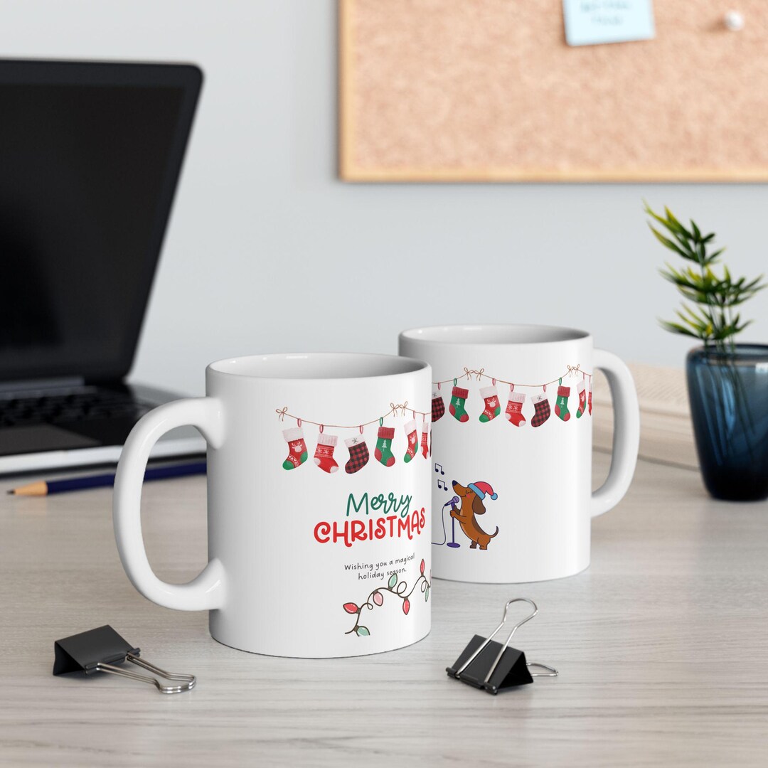 Dachshund Singing Christmas 2026 Carol Mug | Holiday Stockings & Lights ...