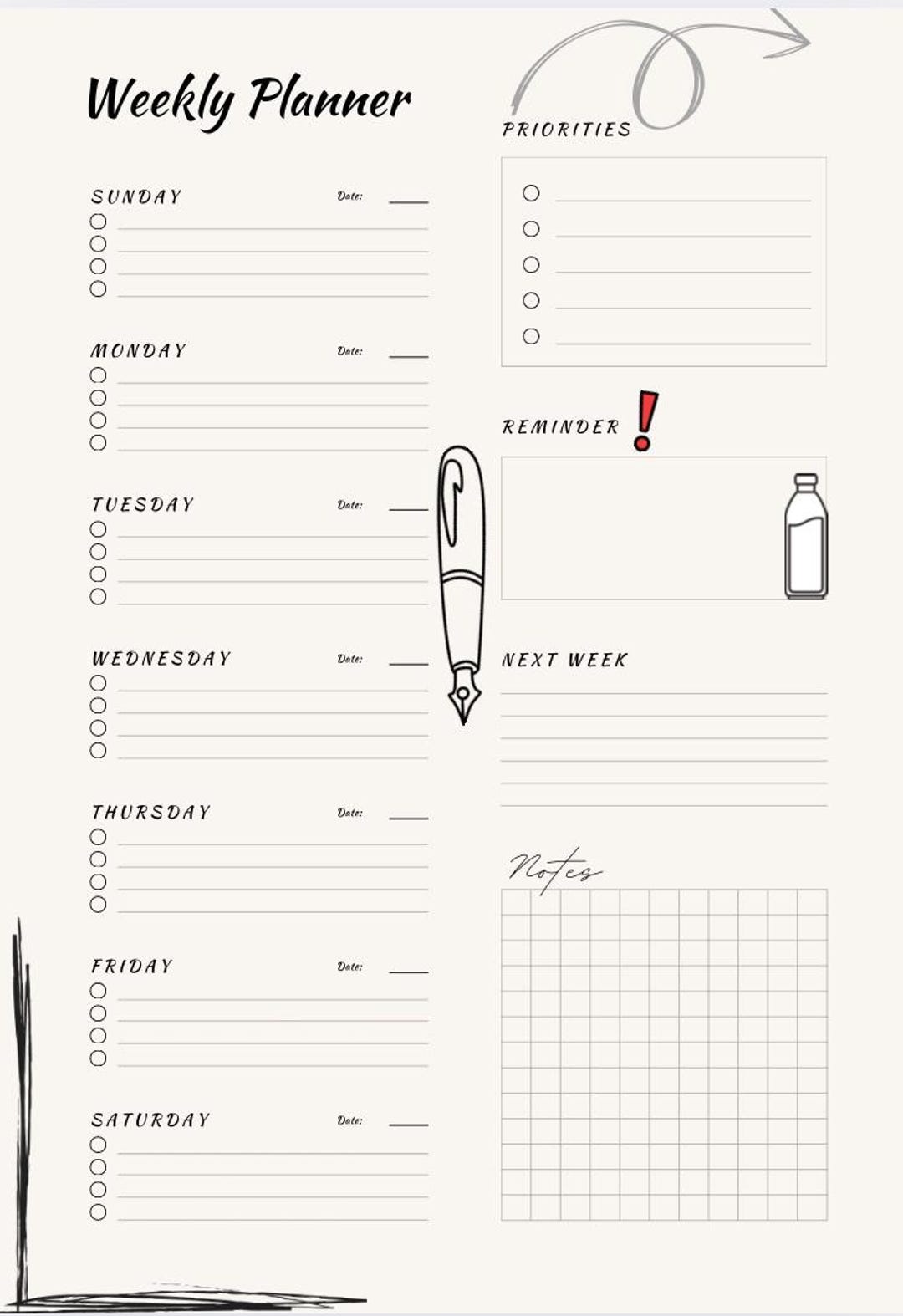 Weekly Planner Printable | Doodle Weekly Schedule | Hand Drawn ...