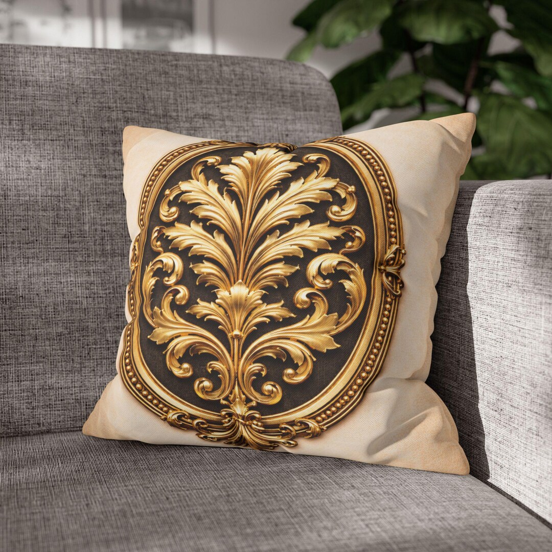 Gold Baroque Ornament Pillowcase | Square Poly Canvas Decorative Throw ...