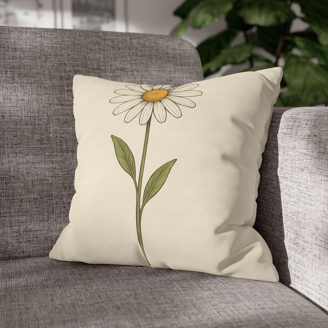 Hand-drawn Daisy Stem Square Pillowcase | Floral Botanical Pillowcase ...
