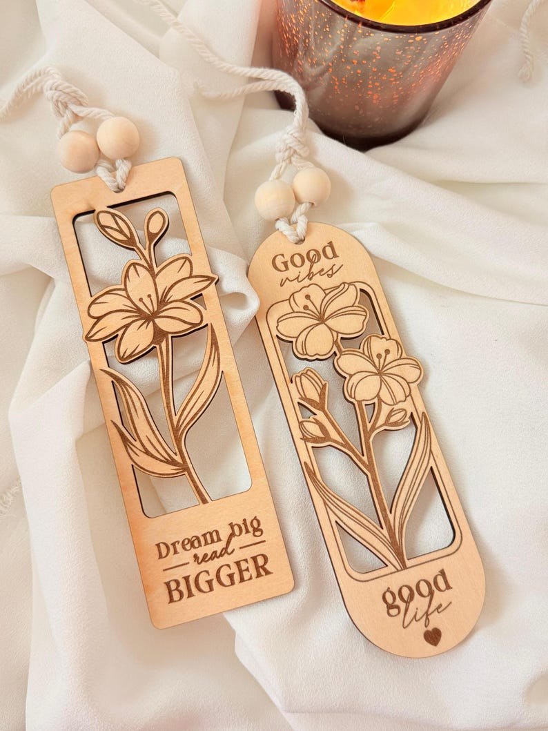 Customizable Laser Cut Wooden Bookmark, Floral Engraved Design, Book ...