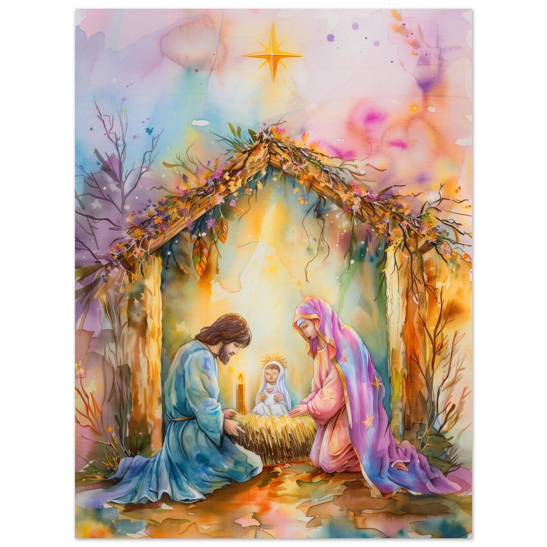 Watercolor Nativity Poster, Soft Holy Family Print, Pastel Jesus Birth ...