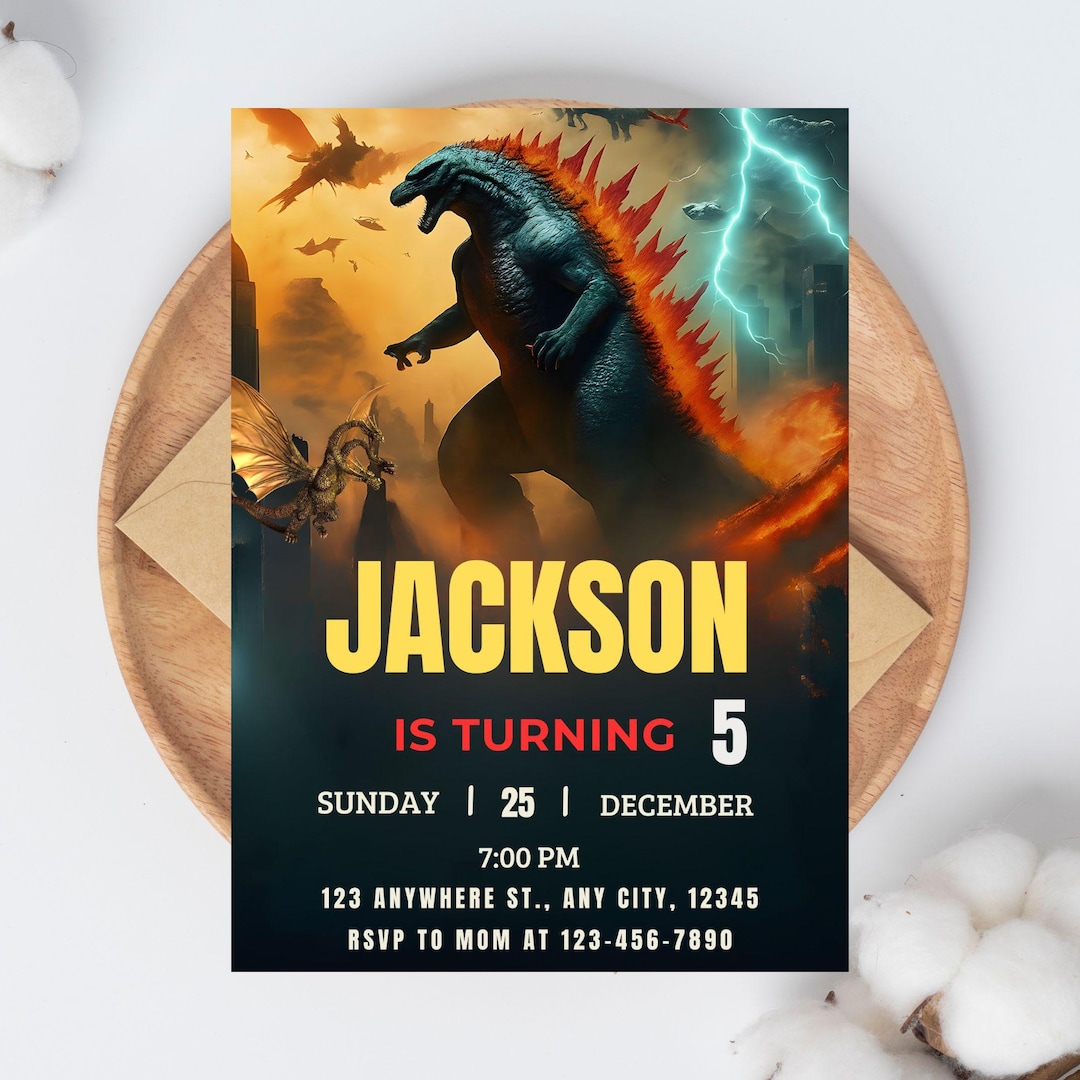 Editable Godzilla Birthday Invitation | Canva Editable Monster Party ...