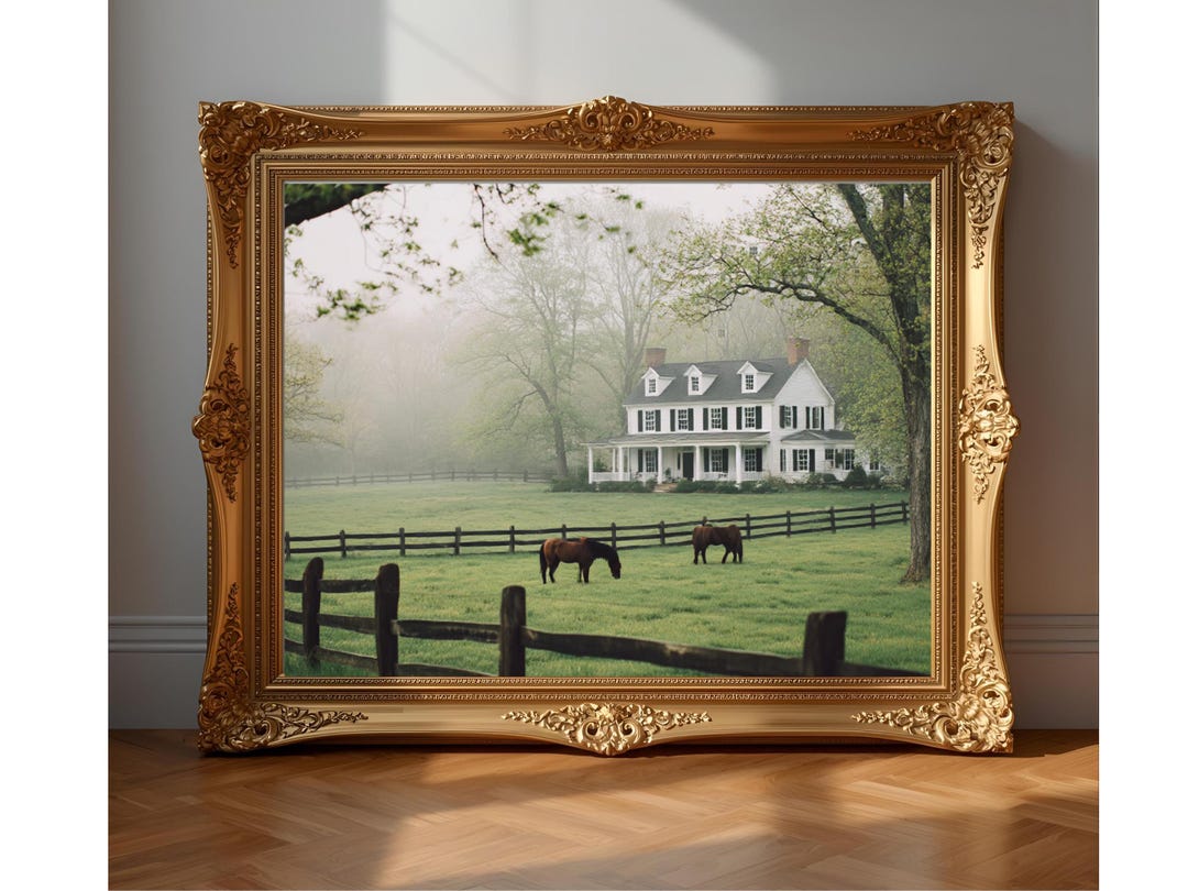 Rustic Farmhouse Horse Pasture Print | Foggy Morning Countryside Wall ...