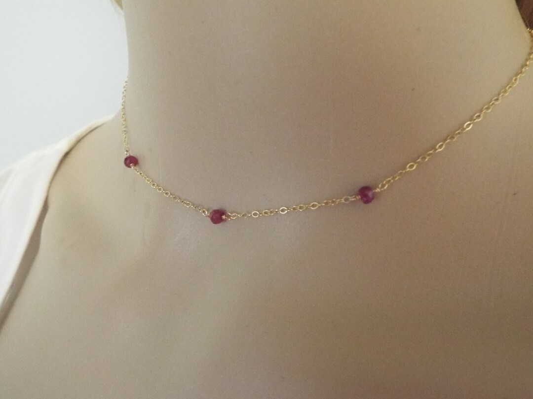 Ruby Choker Necklace, Gold Fill, Sterling Silver, Tiny Ruby Gemstones ...