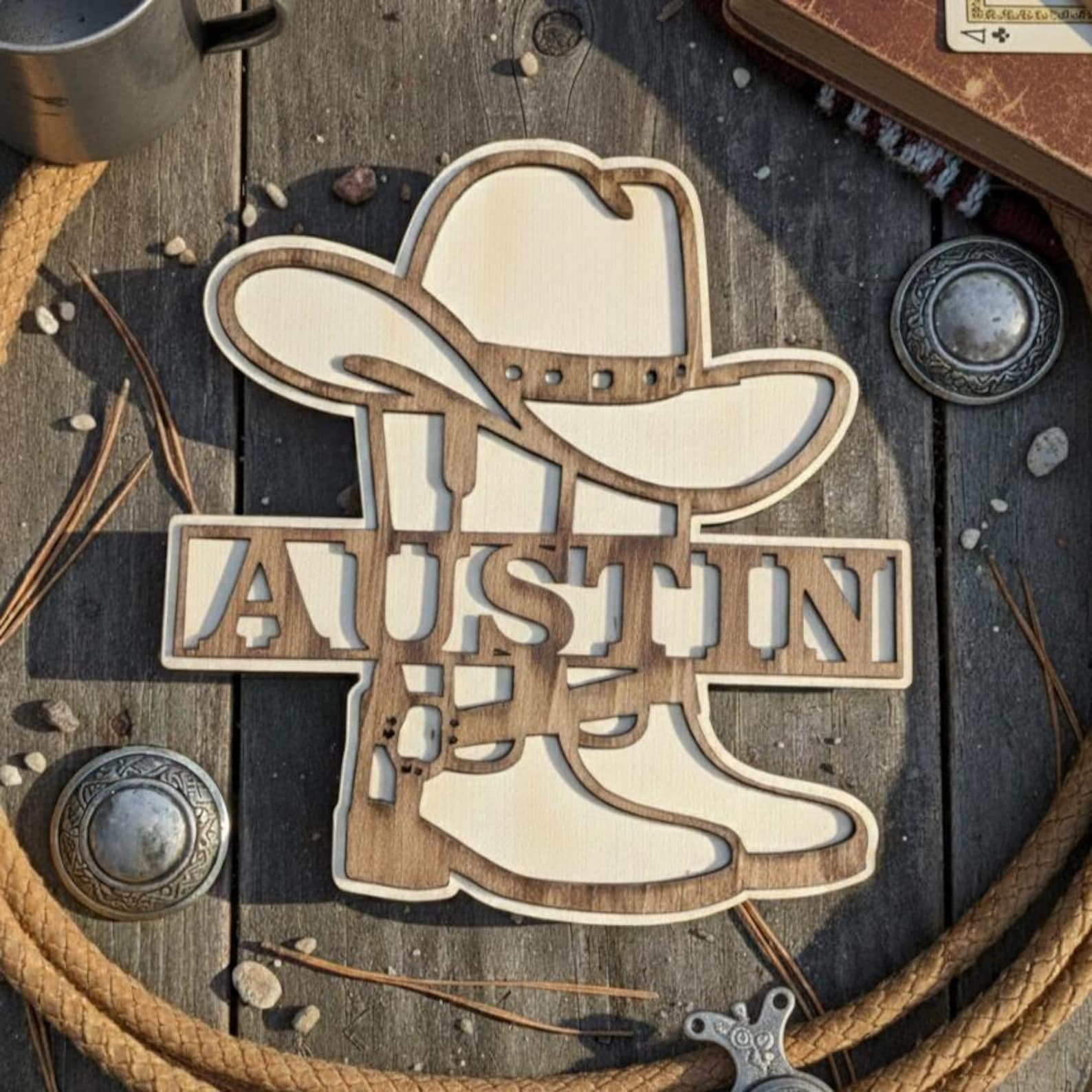 Custom Western Name Sign, Cowboy Hat and Boots, Laser Cut Wood - Etsy