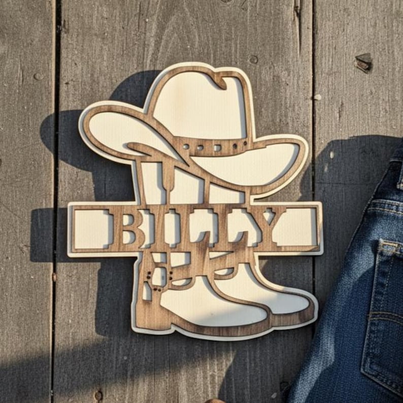 Custom Western Name Sign, Cowboy Hat and Boots, Laser Cut Wood - Etsy