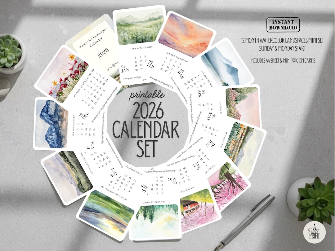 2026 Watercolor Landscape Calendar | Mini Desk Calendar (PDF) - Etsy