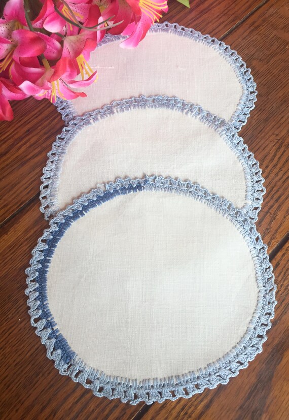 Set of Doilies Three Linen Doilies Blue Trim Vintage Linens | Etsy