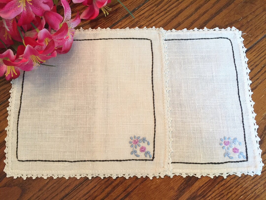 Linen Doilies Pair Ecru Linen Floral Embroidered Doilies With Crochet ...