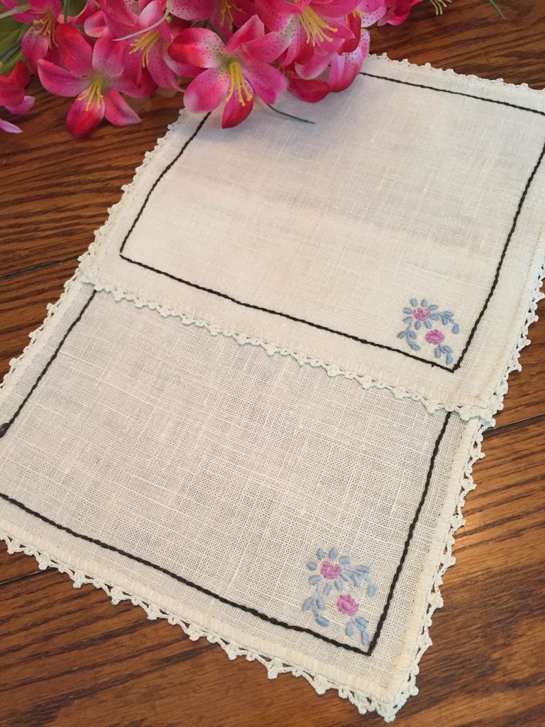 Linen Doilies Pair Ecru Linen Floral Embroidered Doilies With Crochet ...