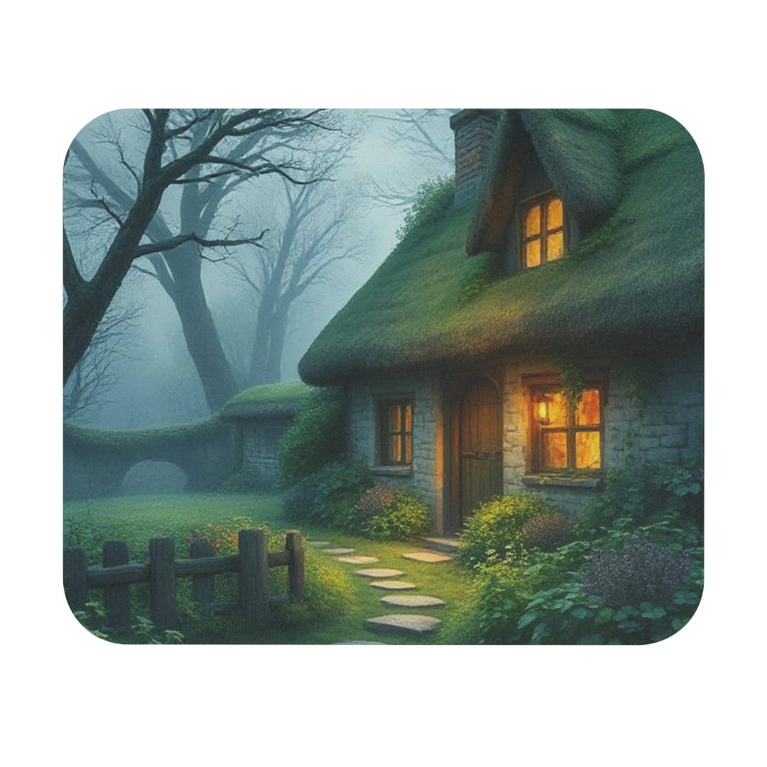 Cozy Cottage at Dusk Mouse Pad | Enchanted Forest Desk Mat - Etsy