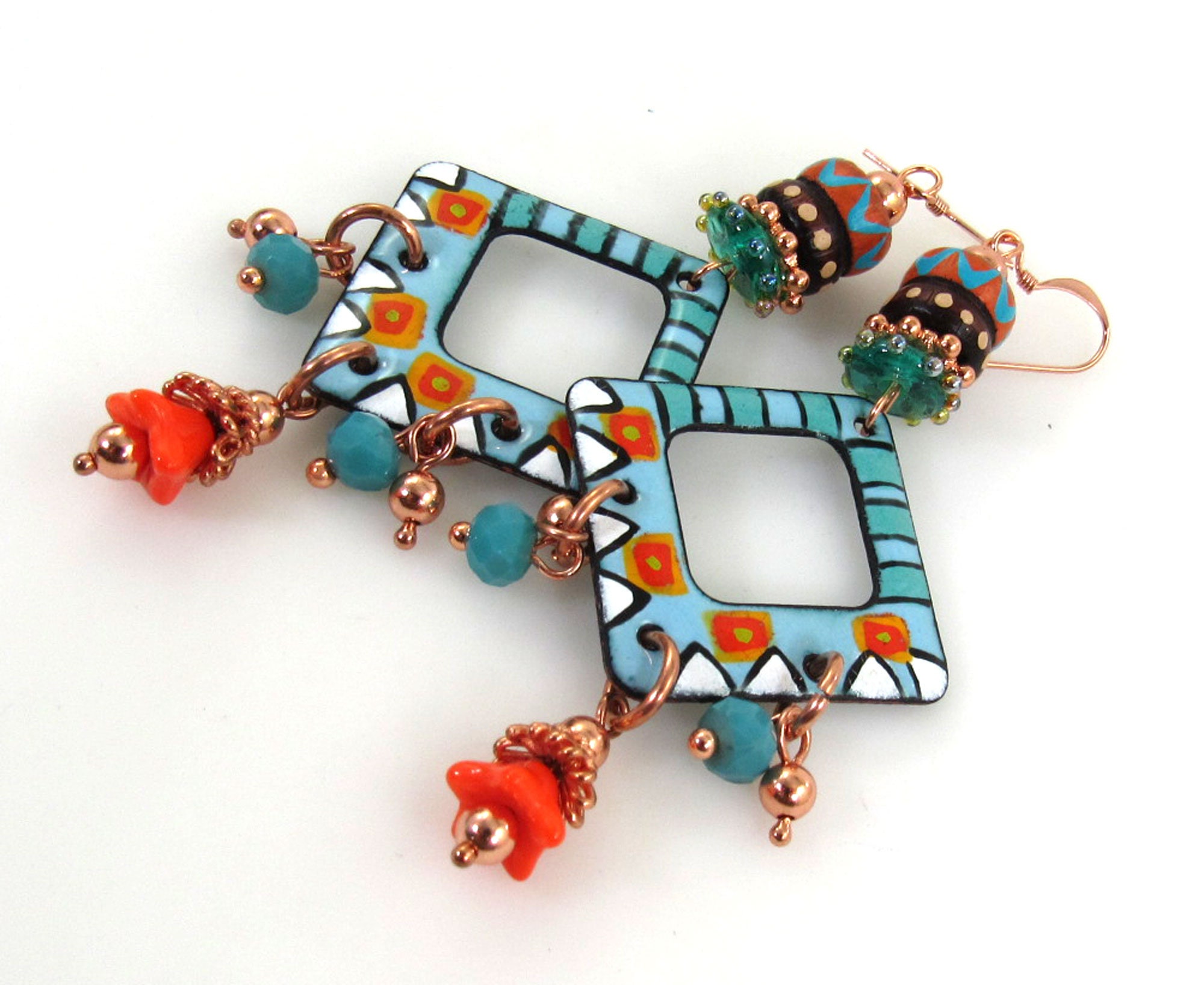 Colorful Boho Earrings Tribal Enamel And Wood Earrings Copper