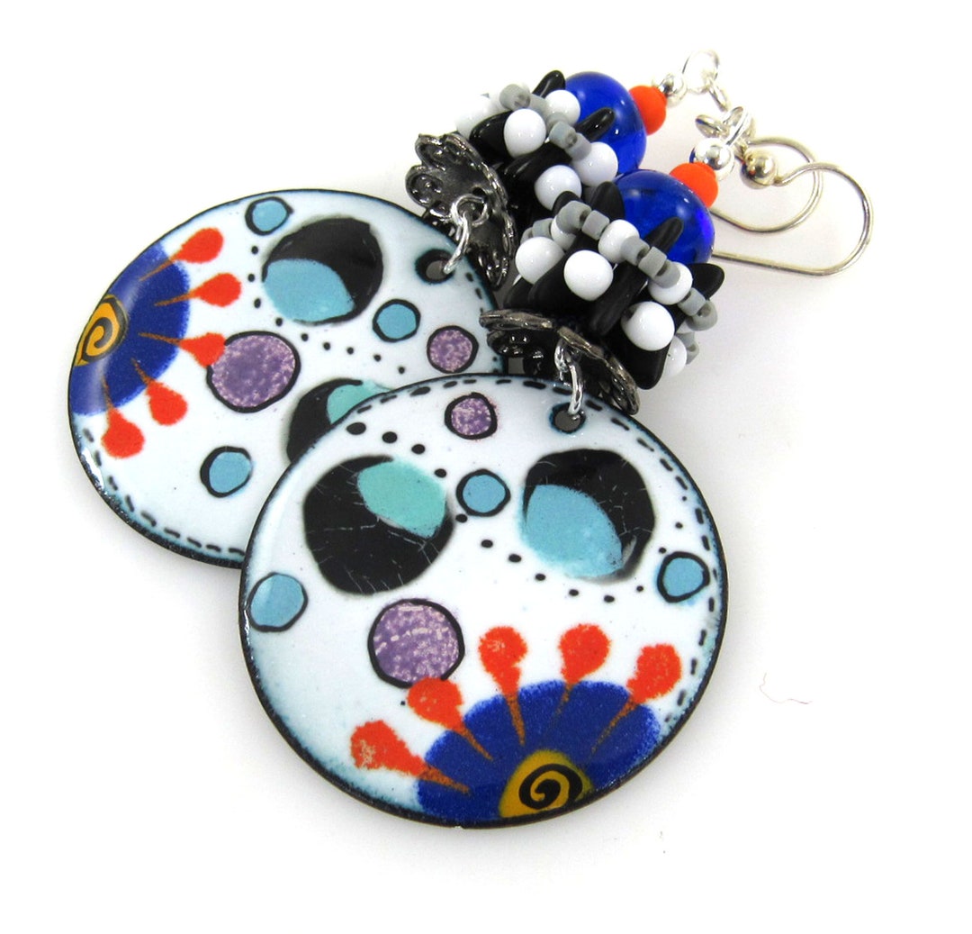 Colorful Pop Art Earrings, Artisan Enamel Woven Bead and Lampwork Glass ...