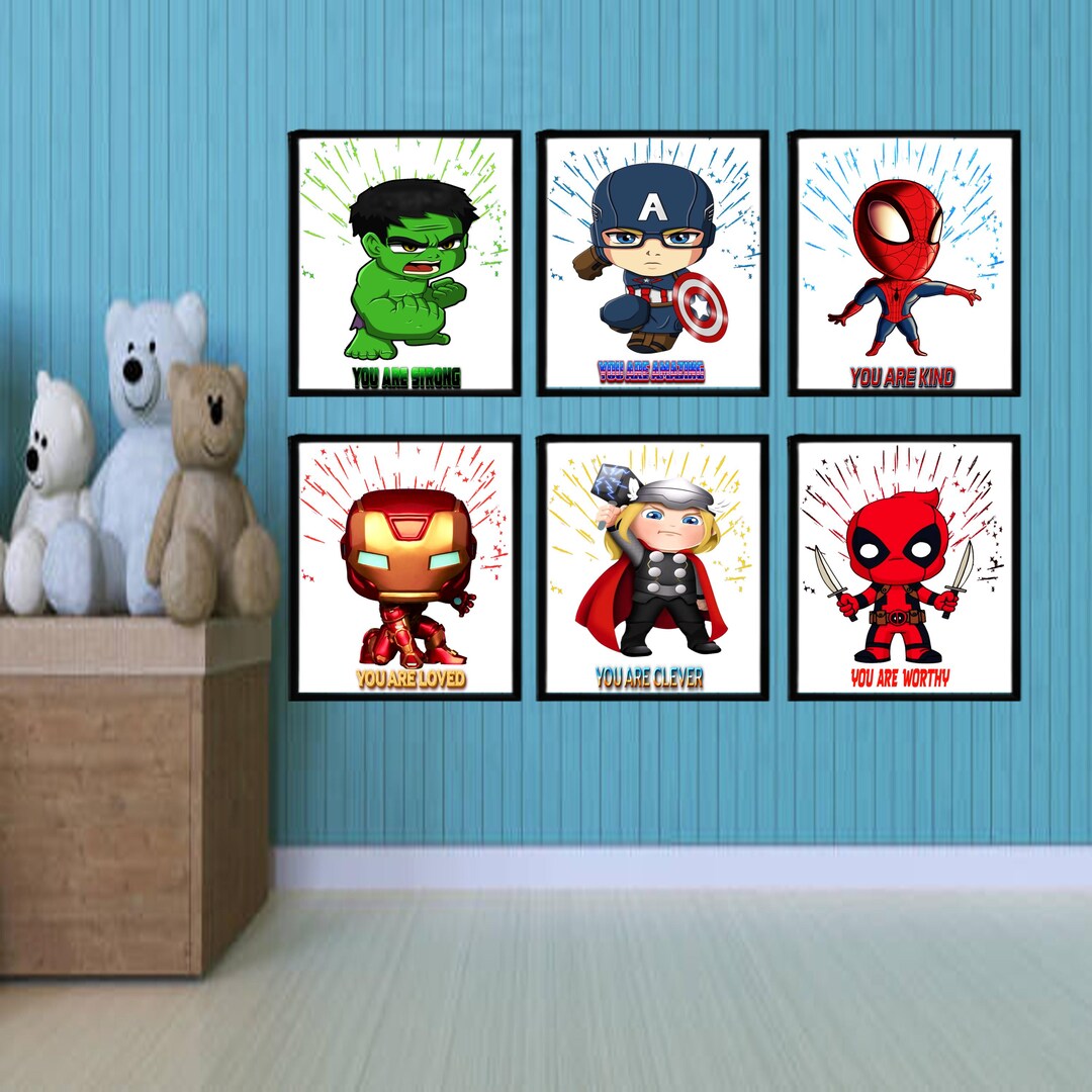 Cute Little Heroes Watercolor Digital Art Set of 6, Kids Room Wall ...