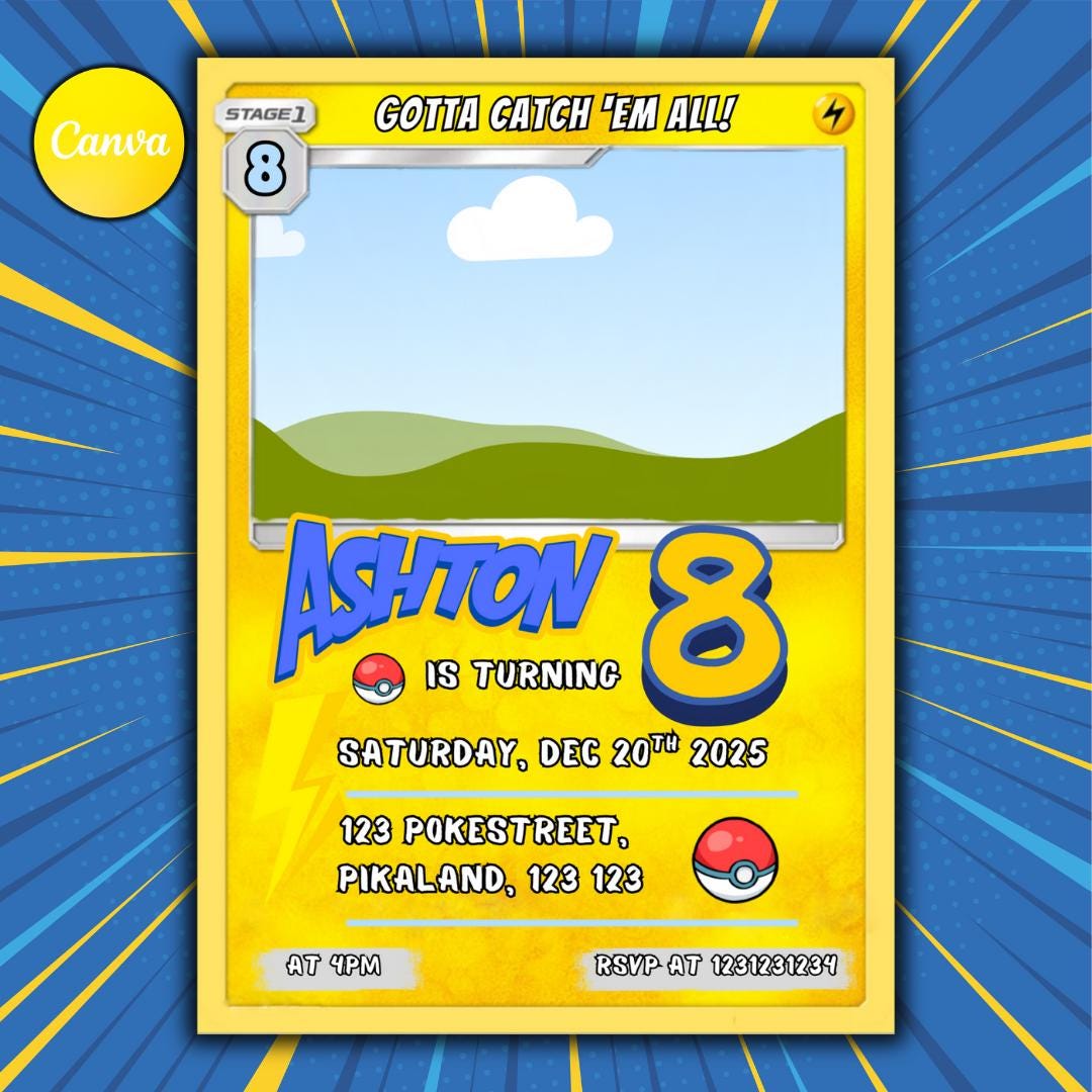 Custom Pokemon Card Birthday Invitation, Personalized Picture Photo ...