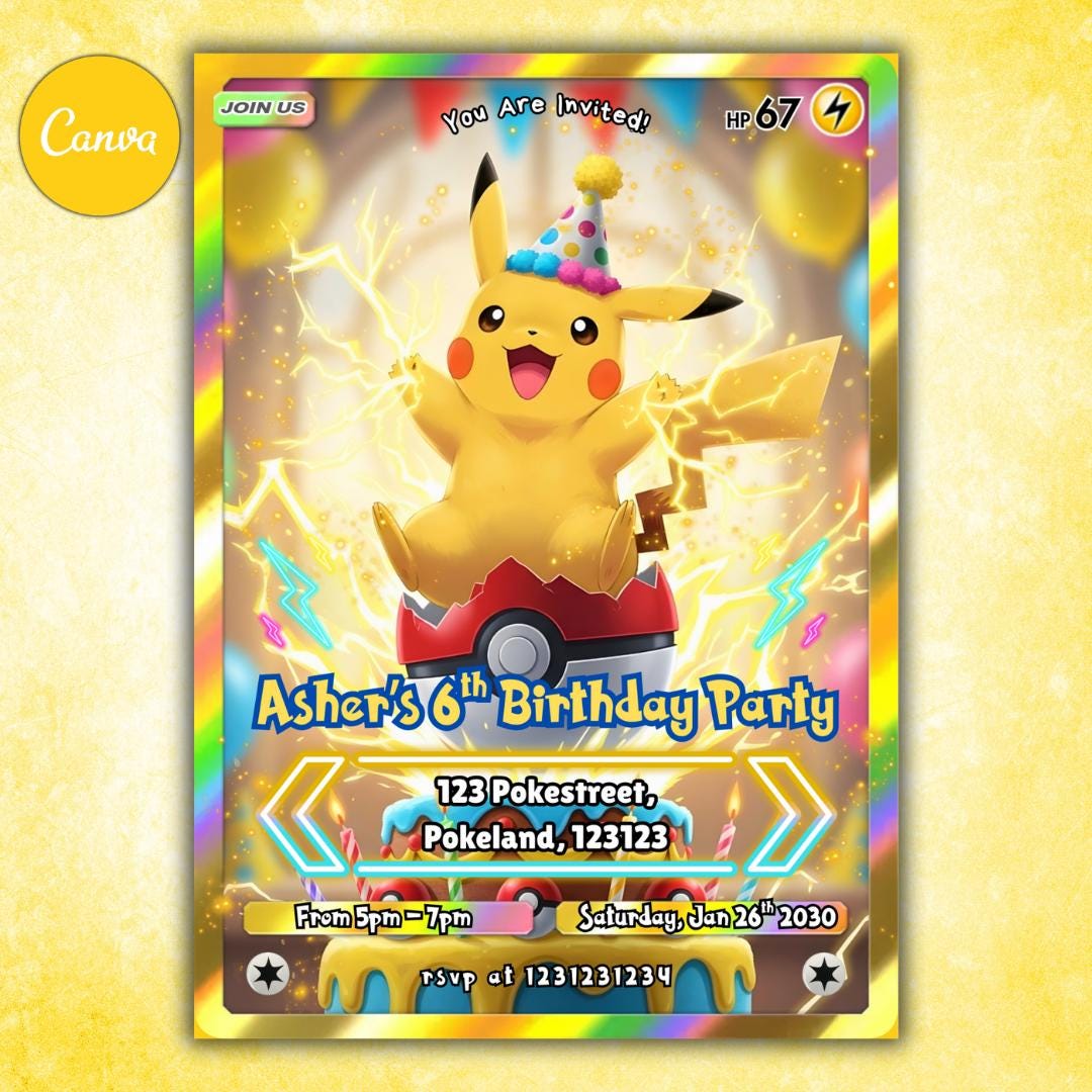 Pikachu Birthday Invitation, Pokemon Birthday Card, Bday Invite for ...