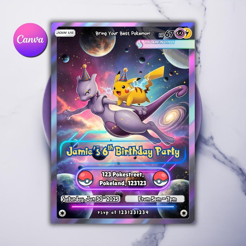 Mewtwo Birthday Invitation, Pokemon Birthday Card, Pikachu Invite for ...