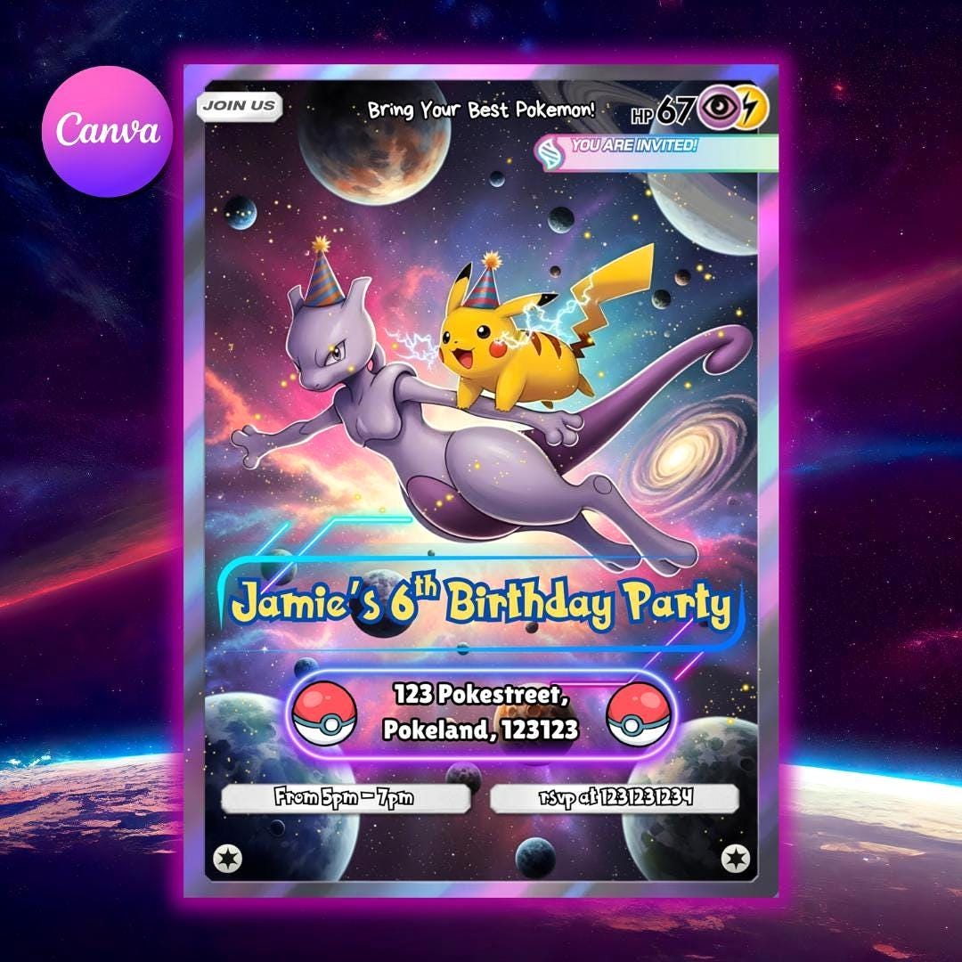 Mewtwo Birthday Invitation, Pokemon Birthday Card, Pikachu Invite for ...