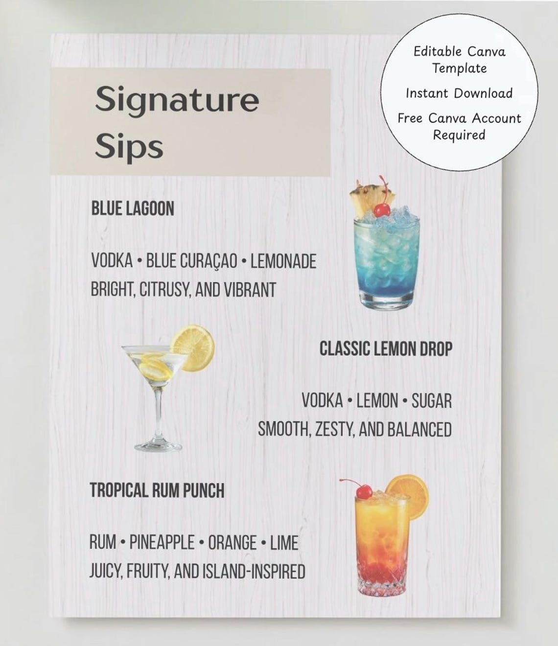 Signature Sips Cocktail Menu Template | Editable Canva Bar Sign - Etsy