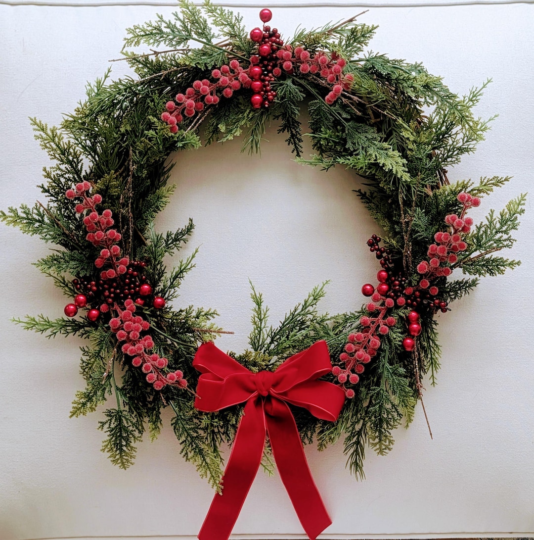Winter Berry Wreath – Red Velvet Bow, Cedar Greenery - Etsy