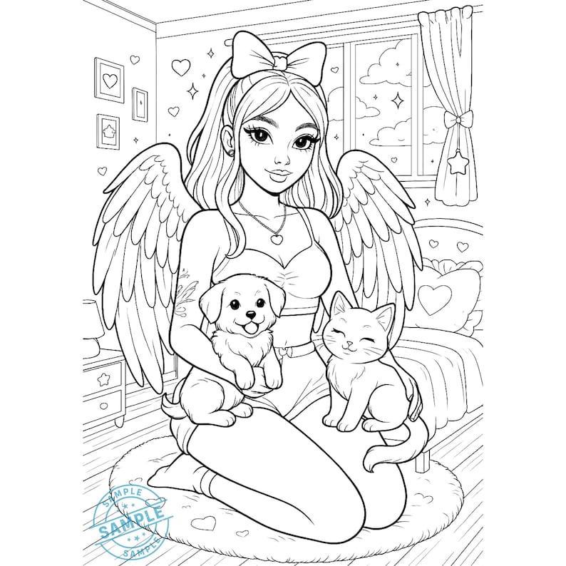 Kawaii Coloring Pages Bundle | Cute Girls & Pets | Adult Coloring Book ...