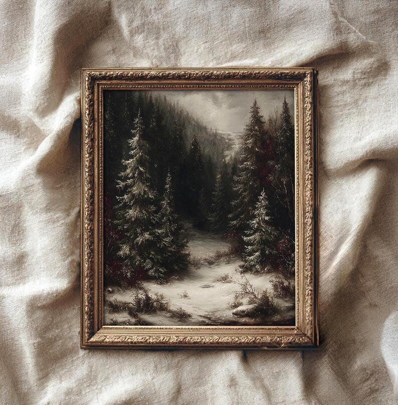 Moody Christmas Tree Forest Art Print, Snowy Holiday Landscape Decor ...
