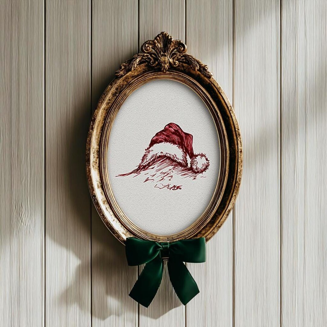 Santa Hat Drawing, Vintage Rustic Christmas Wall Art, Red Sketch ...