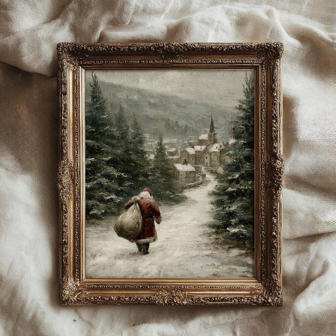 Moody Santa Christmas Village Art Print, Old World Winter Scene ...