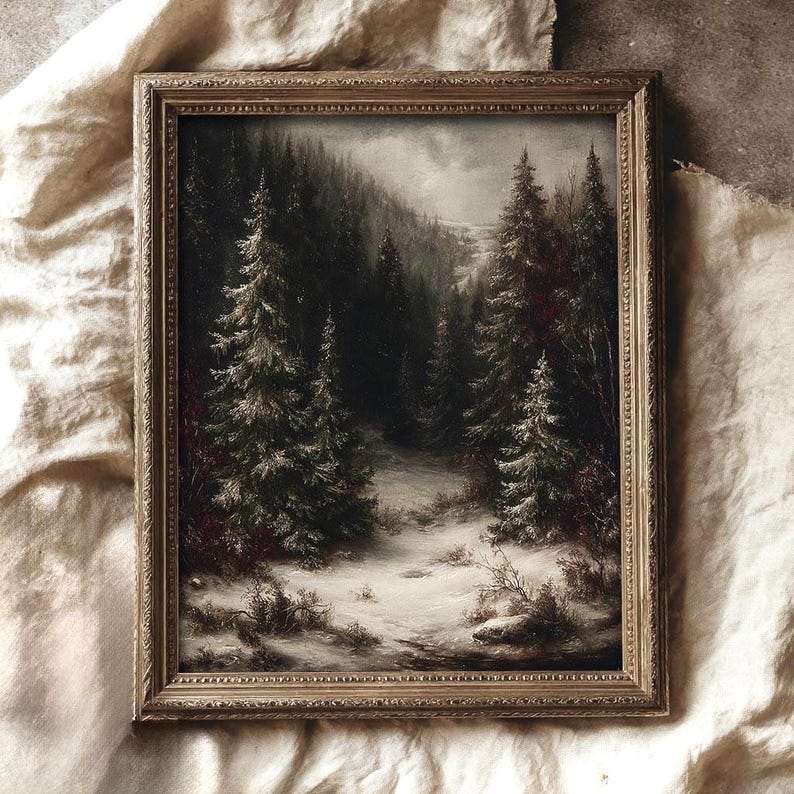 Moody Christmas Tree Forest Art Print, Snowy Holiday Landscape Decor ...