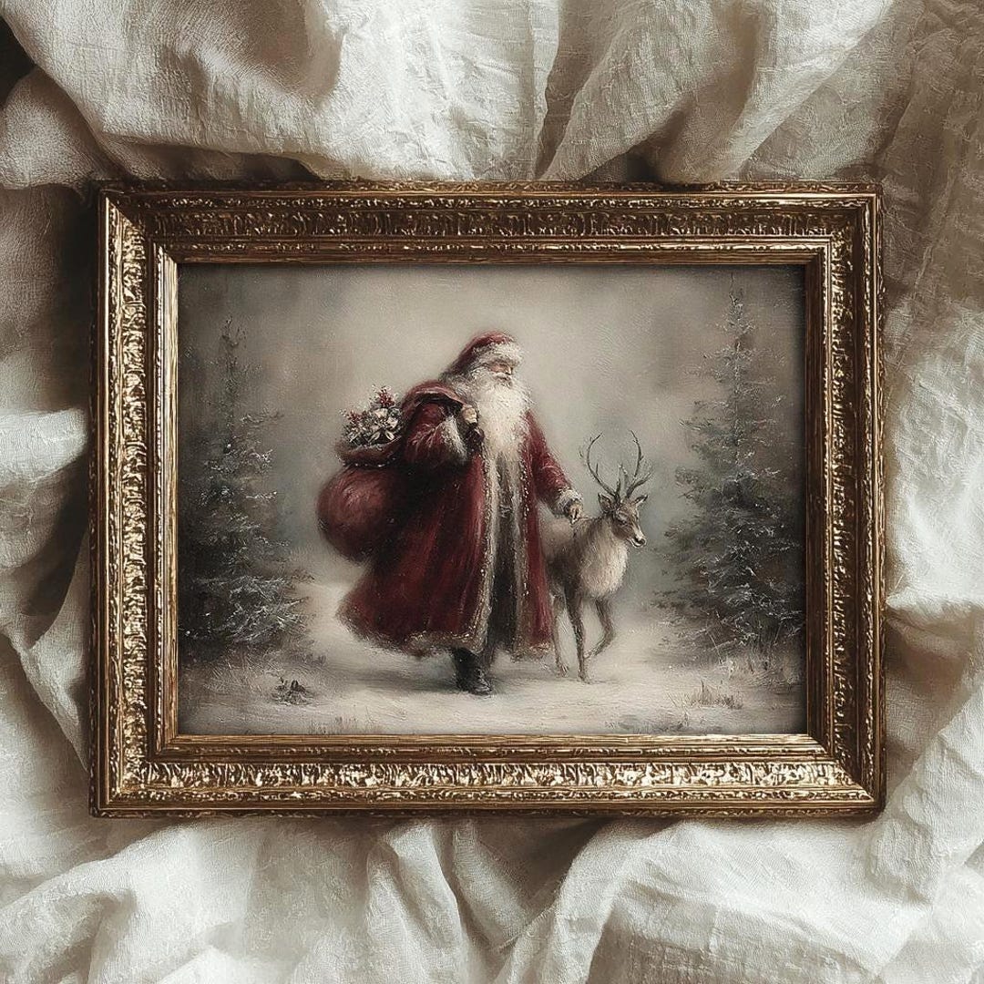 Vintage Santa Clause Reindeer Print, Rustic Antique Christmas Painting ...