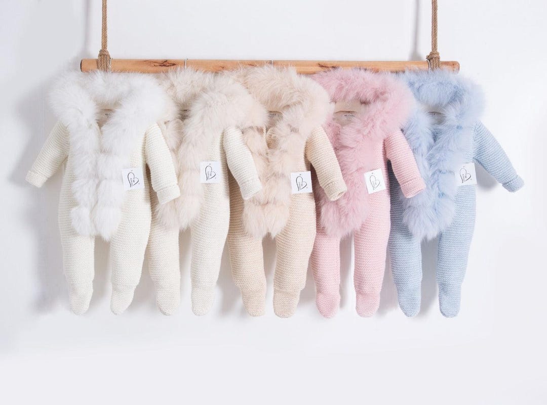 Mi Loves Signature Pale Blue Knitted Pram Suit With Luxurious Fox Fur ...