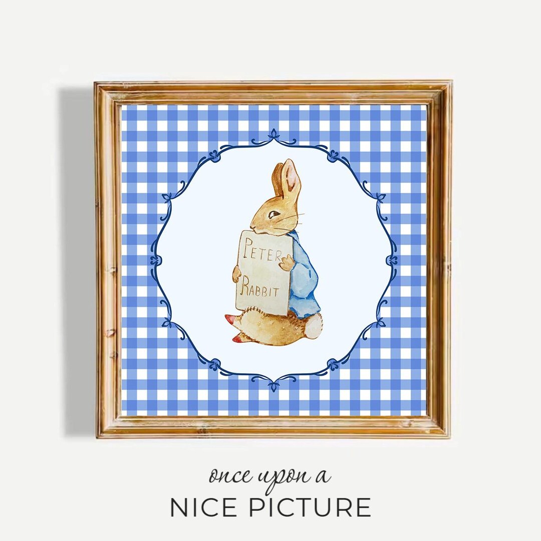 Peter Rabbit Poster, Vintage Nursery, Beatrix Potter, Blue Gingham ...
