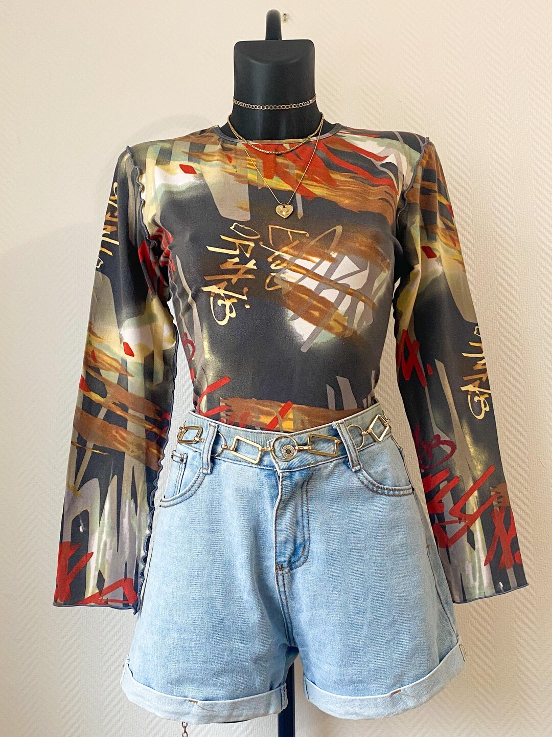 Vintage Y2K Mesh Top Abstract Print – Sheer Long Sleeve Crop Top ...