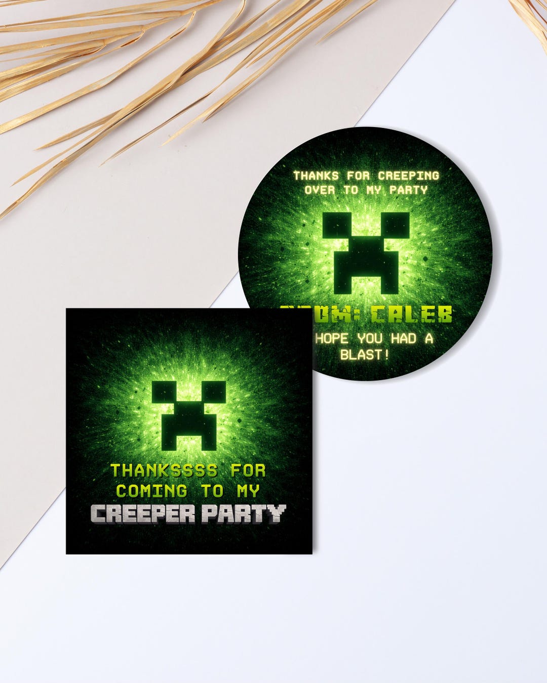 Green Pixel Thank You Tags | Creeper Party Favor Tags | Editable Canva ...