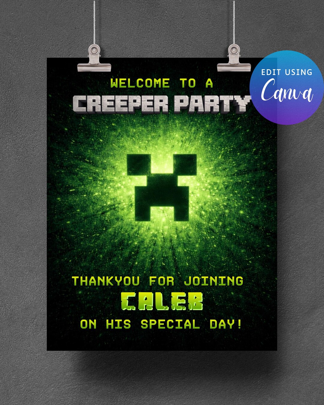 Creeper Party Welcome Sign | Pixel Block Birthday Sign | Editable Canva ...