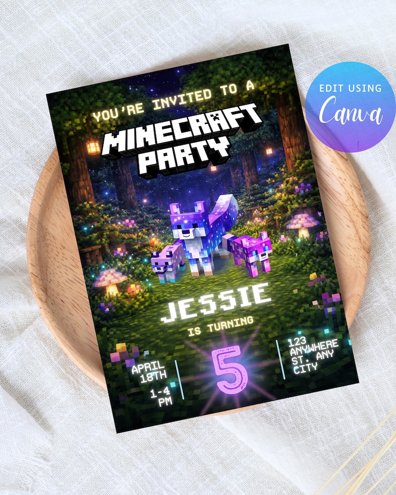Pixel Block Birthday Invitation | Pixel Forest Party Invite | Editable ...