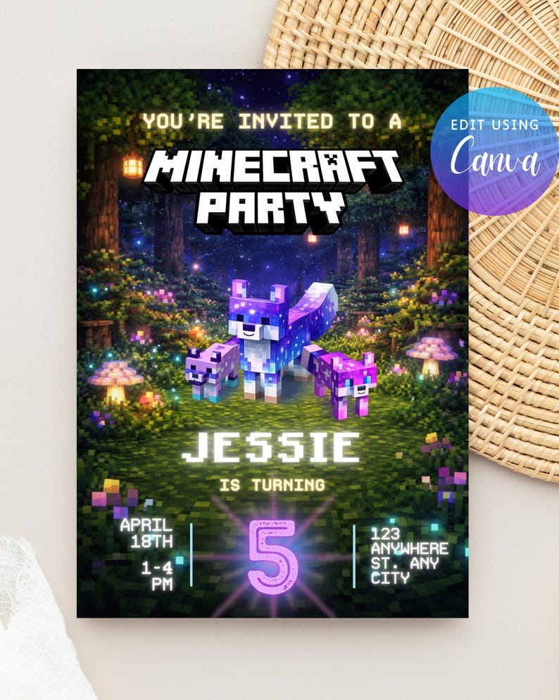 Pixel Block Birthday Invitation | Pixel Forest Party Invite | Editable ...