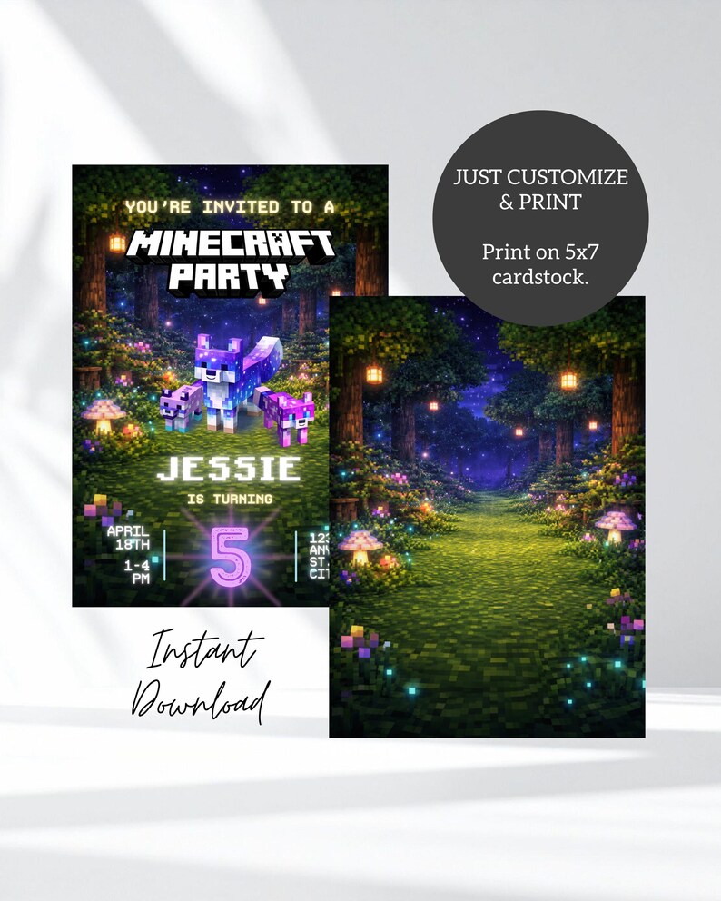 Pixel Block Birthday Invitation | Pixel Forest Party Invite | Editable ...