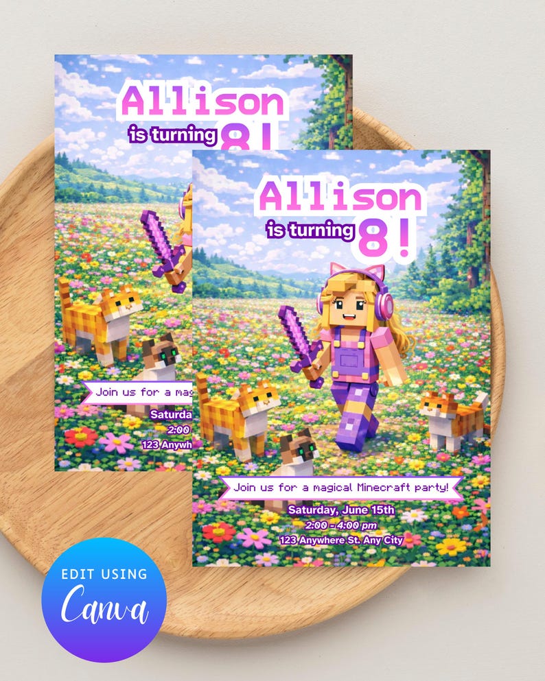 Pixel Girl Birthday Invitation | 3 Skin Tone Options | Flower Party ...
