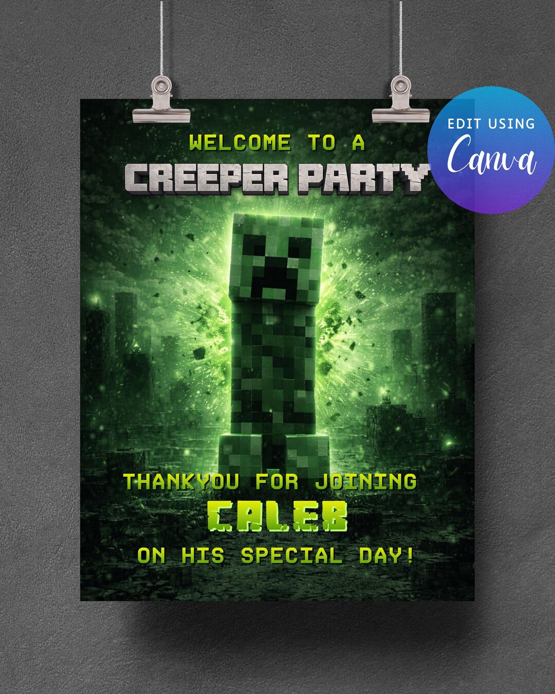 Creeper Party Welcome Sign | Pixel Block Birthday Sign | Editable Canva ...