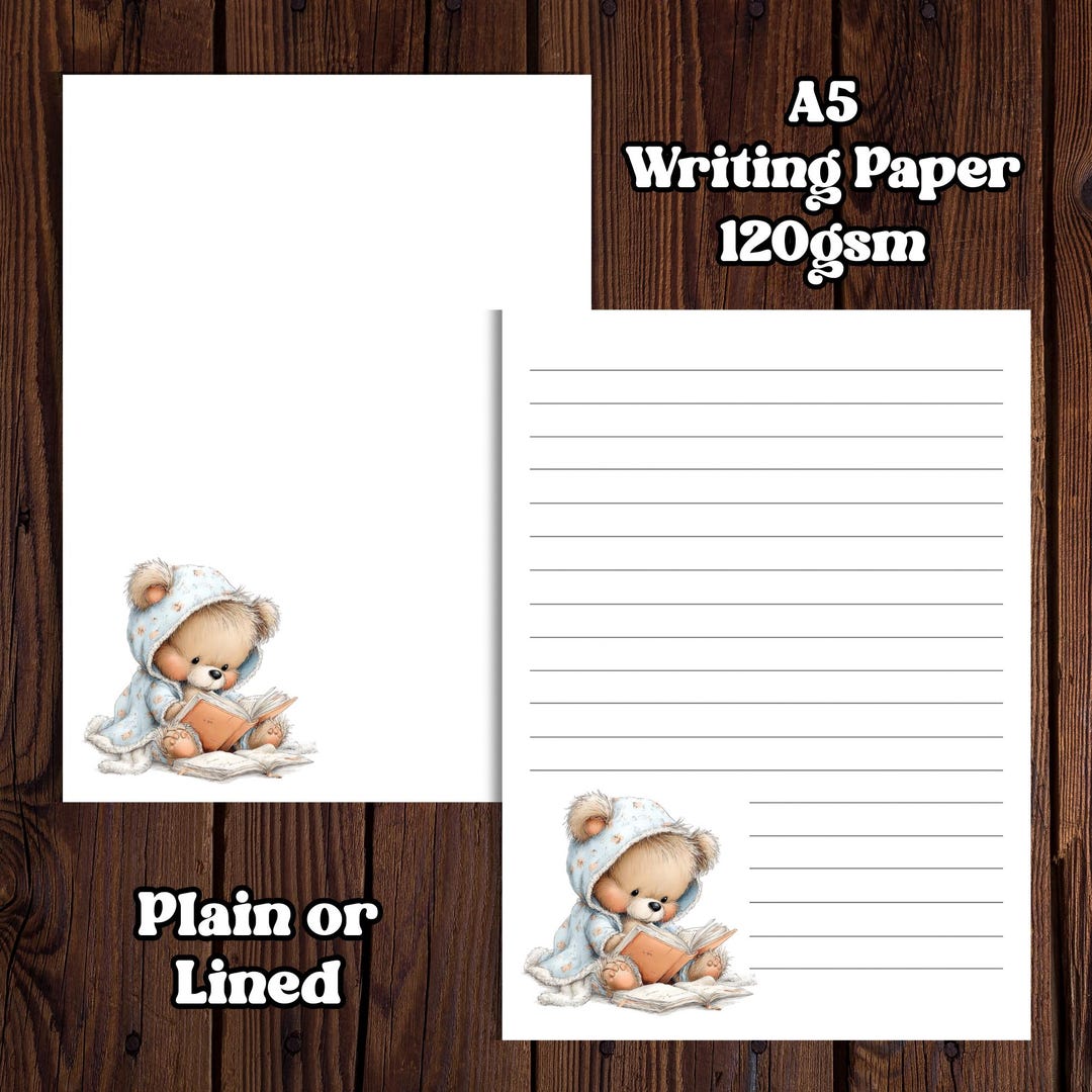 Teddy Writing Paper, 10 X A5 Sheets 120gsm Lined or Unlined, Stationery ...