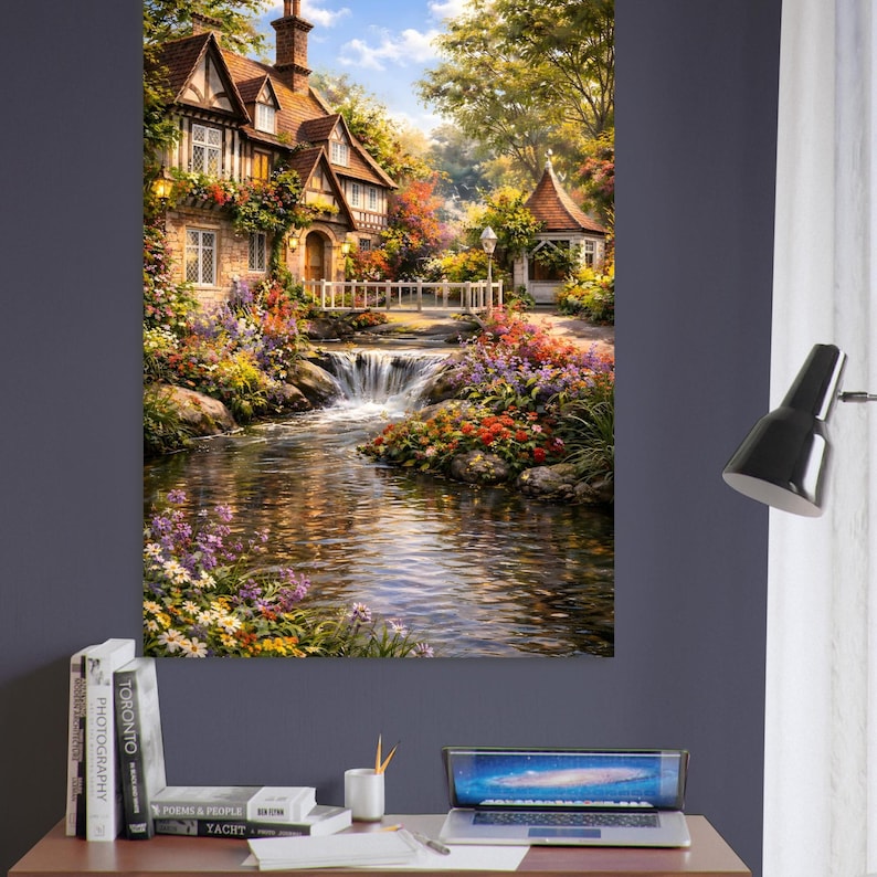 Sunny English Cottage Landscape Print | Floral Garden River Art ...