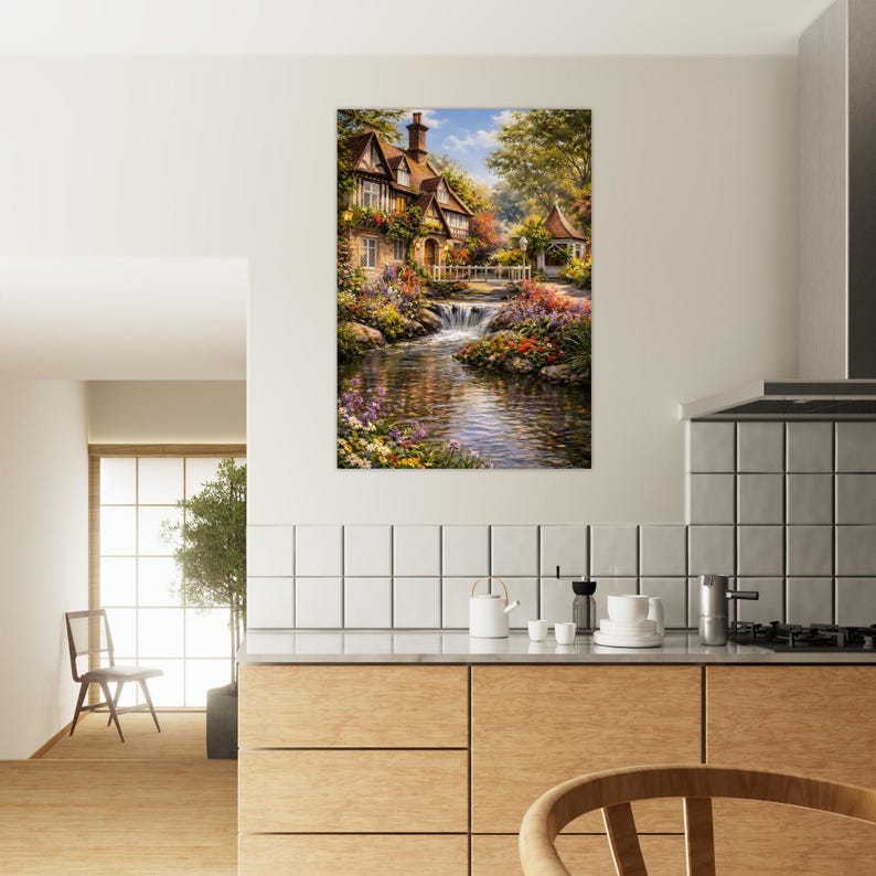 Sunny English Cottage Landscape Print | Floral Garden River Art ...