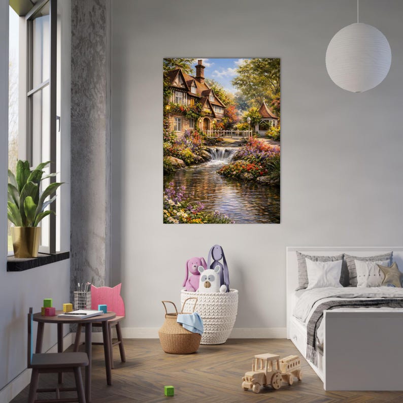 Sunny English Cottage Landscape Print | Floral Garden River Art ...