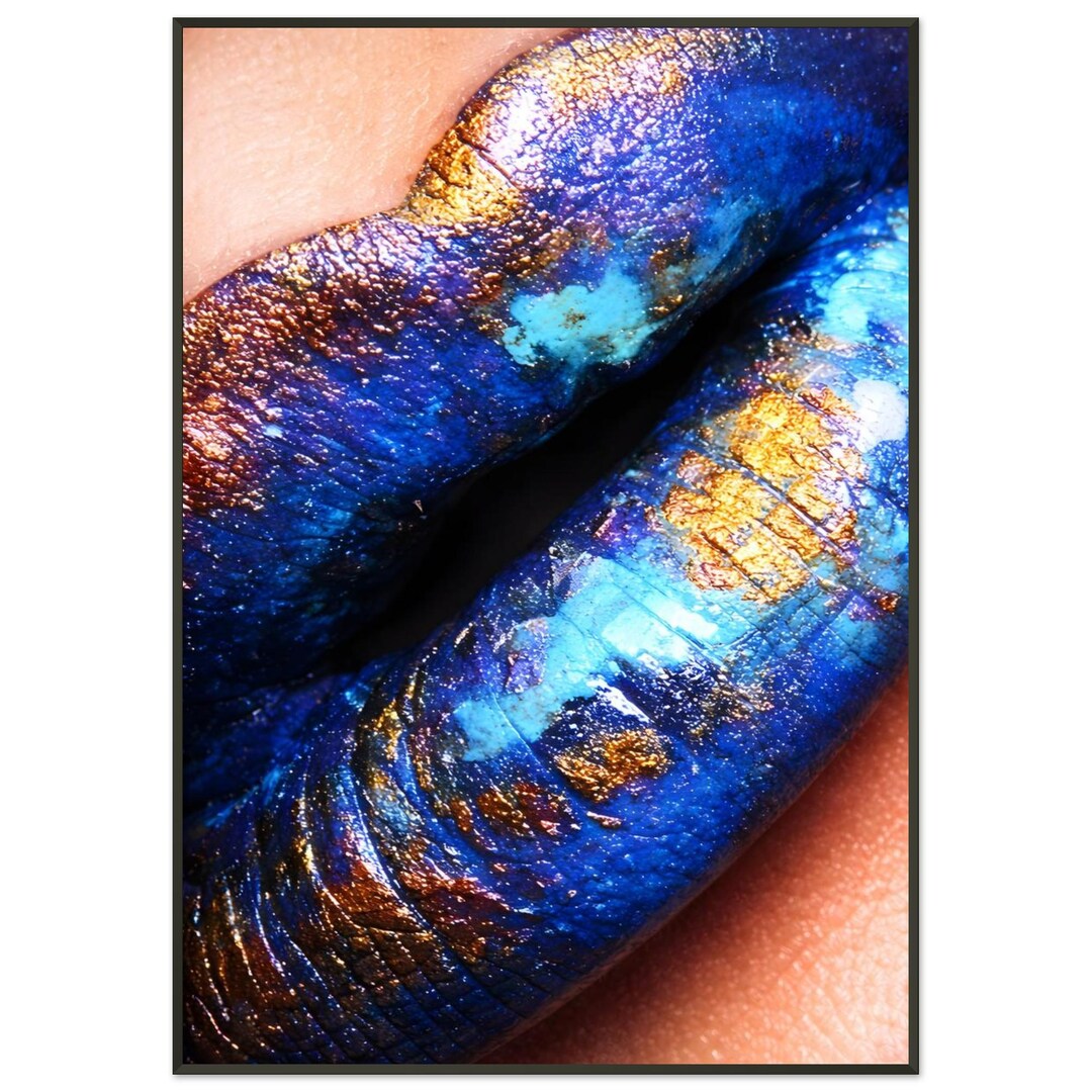 Abstract Blue Gold Lips Poster - Modern Female Portrait Art - Framed ...