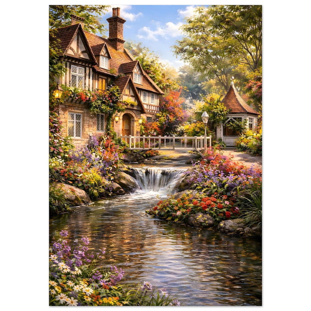 Sunny English Cottage Landscape Print | Floral Garden River Art ...